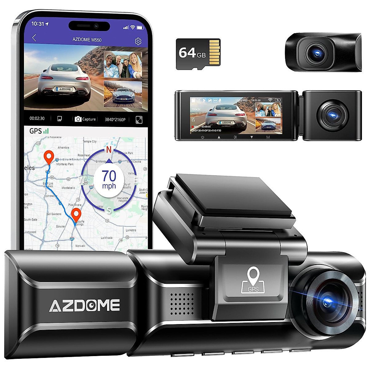 AZDOME M550 3 Channel Dash Cam with 3-Lead Mini USB Hardwire Kit (JYX02)