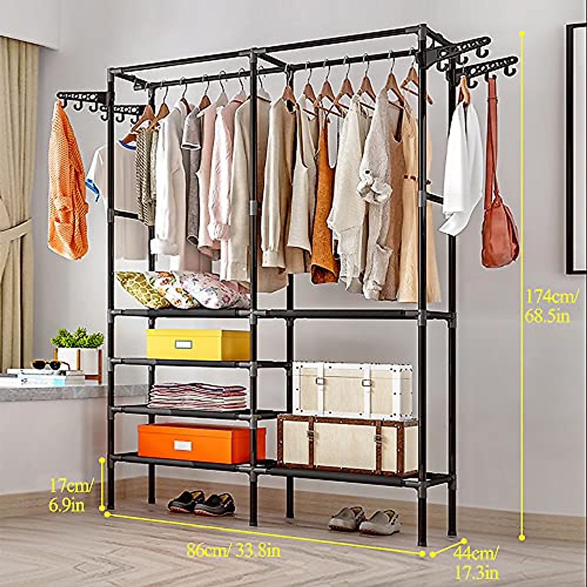 MOAMUN Metal Garment Rack Clothing Hanging Rack Free Standing Clothing Hanger with Top Rod,Lower Storage Shelves for Home Bedroom Laundry (Black)