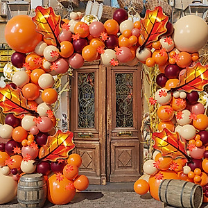 Thanksgiving Balloon Arch Kit,167PCS Fall Balloon Arch Kit, Orange Burgundy Rose Gold Confetti Balloons with Artificial Maple Leaves for Thanksgiving Decorations Autumn Party Baby Shower Decorations