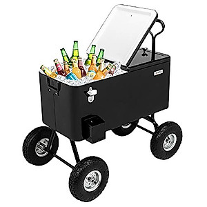 VINGLI 80 Quart Wagon Rolling Cooler Ice Chest, w/Long Handle and 10" Wheels, Portable Beach Patio Party Bar Cold Drink Beverage, Outdoor Park Cart on Wheels (Black-Wagon)