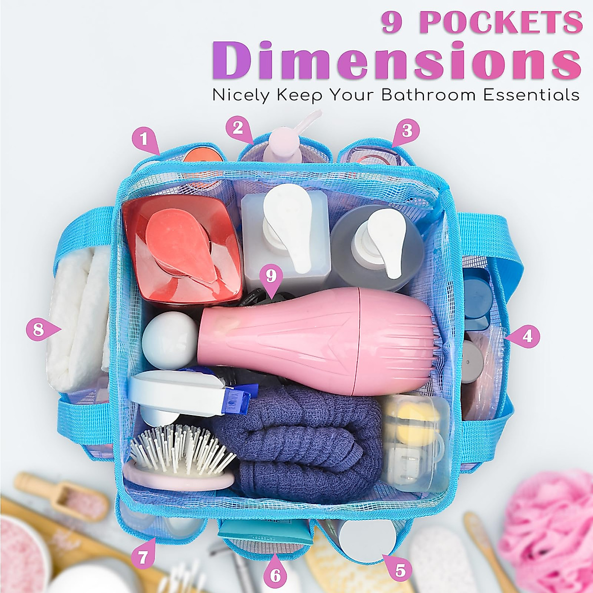 Fiodrimy Mesh Shower Caddy Portable for College Dorm Room Essentials, Hanging Shower Caddy Tote Bag Basket with 8 Pockets, Quick Dry Shower Bag for Bathroom (Tie Dye)