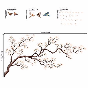 DECOWALL SG4-2213 Oriental Flower Tree Wall Stickers Decals White Cherry Blossom Peel and Stick Bedroom Living Room Flower murals décor Floral Bird Furniture Art Removable Nursery Baby Birch