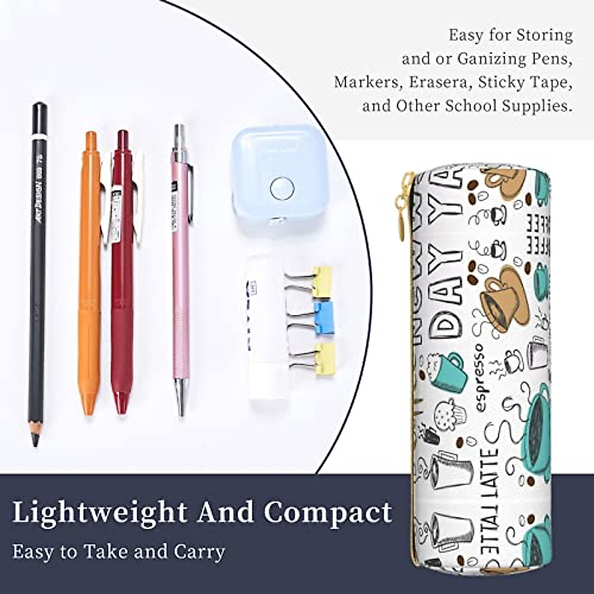 ASEELO Delicious Coffee Pencil Case Pencil Pouch Black Pencil Bag PU Leather Pen Case Big Capacity Pencil Case,for Pens, Markers, Makeups, Change, Coins