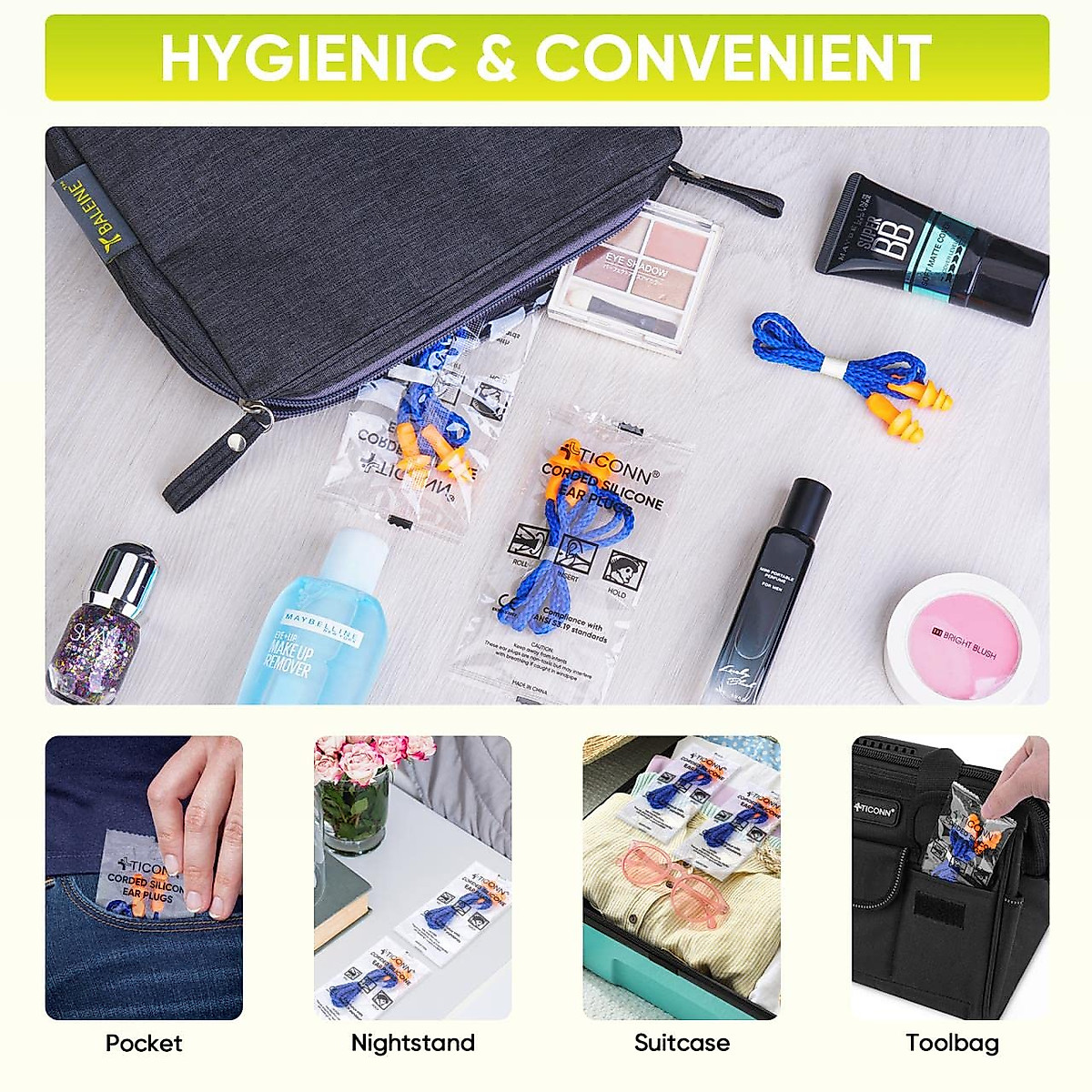 TICONN 100 Pairs Reusable Silicone Ear Plugs for Sleeping Noise Cancelling, 25dB NRR Corded Earplugs for Study Concentration Travel (100 Pairs)