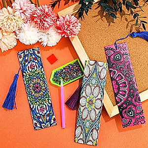 Zhehao 24 Pcs 5D Diamond Painting Bookmarks Floral Rhinestone Bookmarks Diamond Art Bookmarks Leather DIY Bookmarks Beaded Painting Bookmark with Tassel for Kids Adults DIY Art Craft Supplies