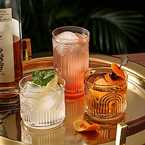 Viski Beau Stemless Lowball Glasses Set of 4 - Vintage Crystal Drinking Glasses for Whiskey, Old Fashioned, Scotch & Bourbon, Art Deco Cocktail Glasses Arch Design, 11oz