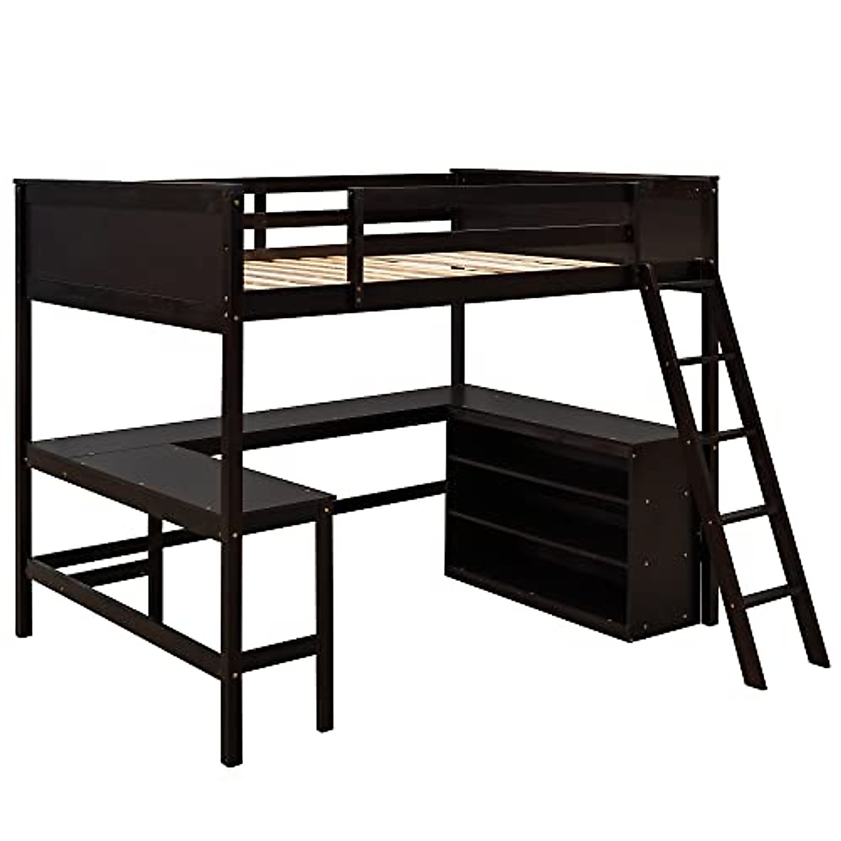 BOVZA Full Size Loft Bed with Desk and Shelves, Wooden Full Loft Bed Frame with Safety Guardrails for Kids Teens Adults, Espresso