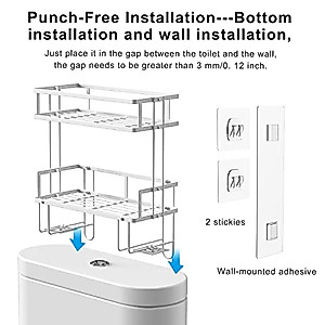 FLOLXNB Over The Toilet Storage Shelf, 2-Tier Bathroom Storage Organizer Upgrade Punch-Free Toliet Storage Shelf, Home Storage Rack with Hooks Shelf,White