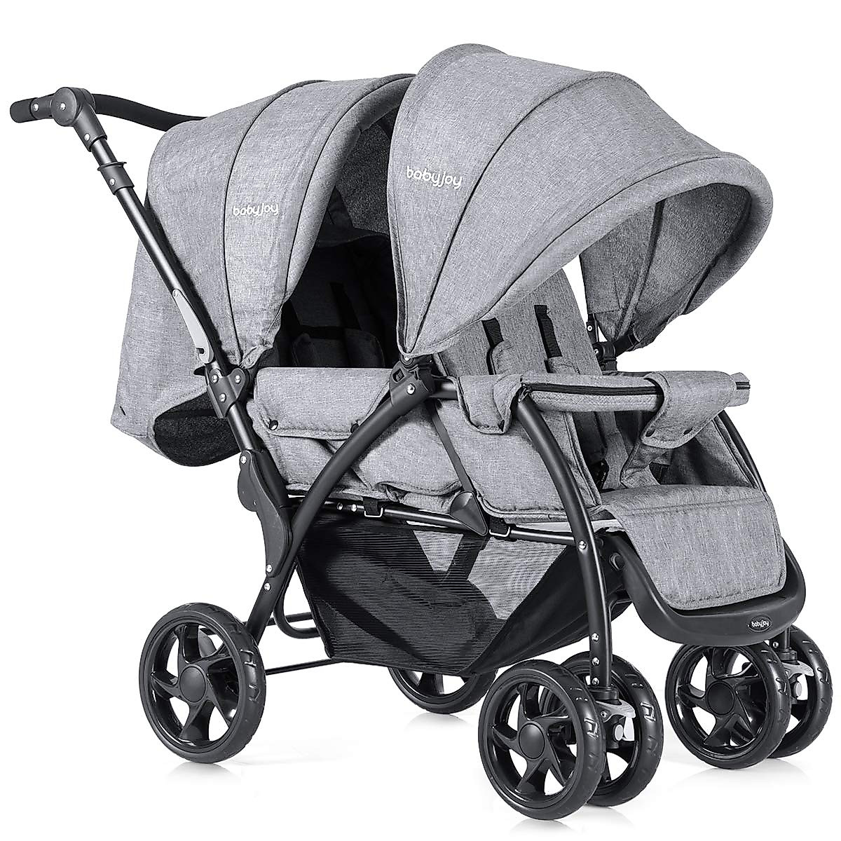 BABY JOY Double Stroller, Foldable Lightweight Twin Stroller with Tandem Seating, Adjustable Backrest/Canopy/Footrest, 5-Point Harness, Storage Basket, Double Stroller Newborn and Toddler (Gray)