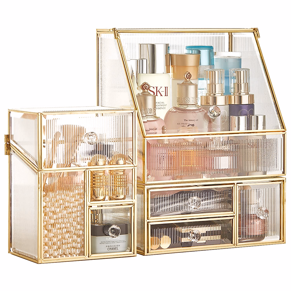 Stackable 3Pieces Drawer Set Glass Makeup Organizer Antique Countertop Vanity Cosmetic Storage Box Mirror Glass Beauty Display, Holder for Brushes Lipsticks Skincare Toner with free Pearl (Gold)