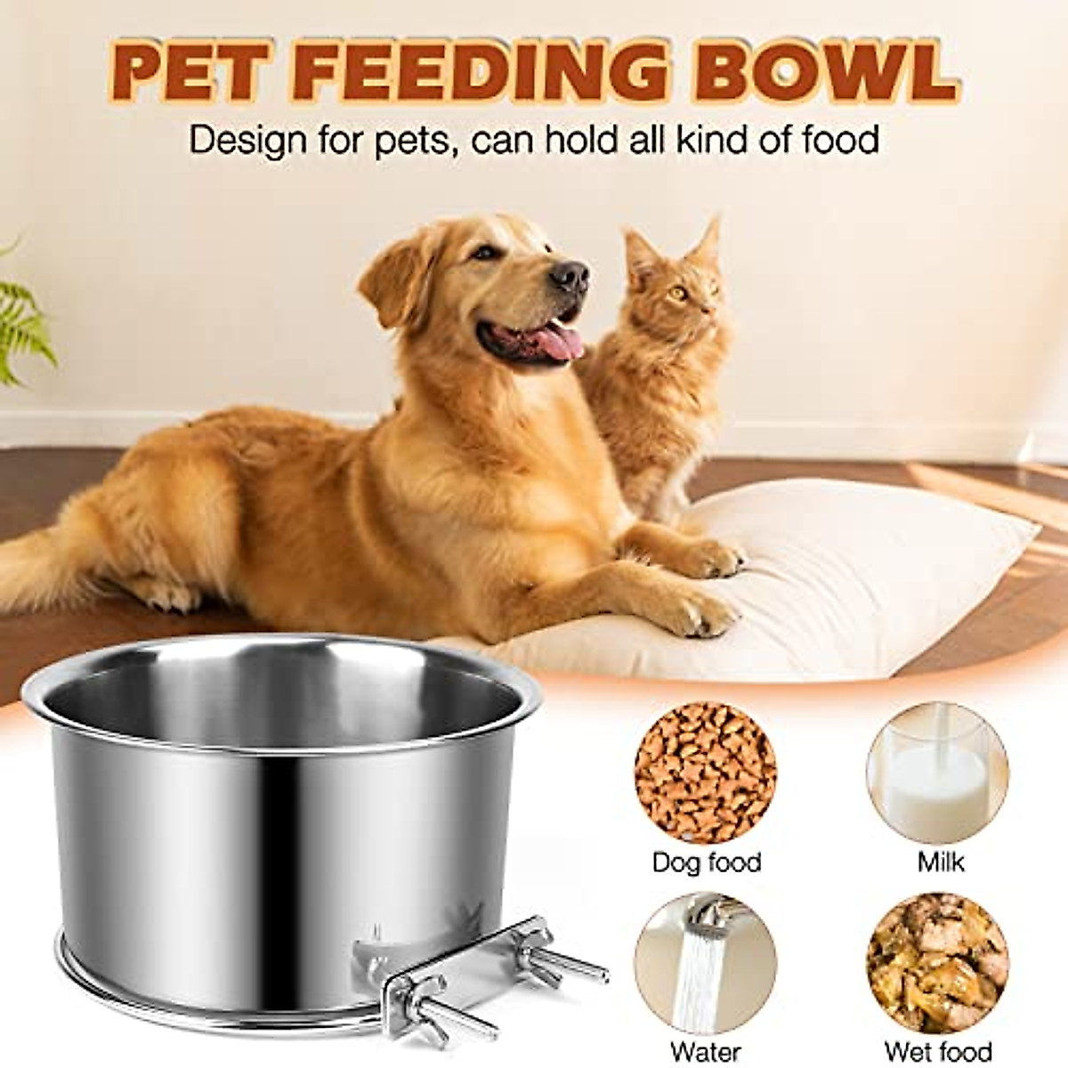 Dog Food & Water Bowl, ShineMe 2 Pack Stainless Steel Pet Bowls for Dogs and Cats Hanging in Cage Crate Kennel, Non-Slip Metal Feeder for Medium and Large Pets (7.1 * 3.5” & 5.5 * 3.2”)