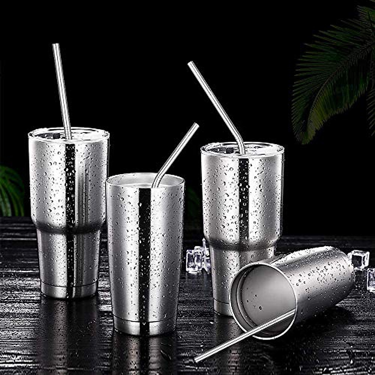Set of 4 Reusable Metal Straws, Long Stainless Steel Straw with Cleaning Brushes and Case, Drinking for 30 oz and 20 oz Tumblers.