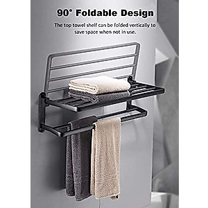 -Shelf Balcony Bathroom Towel Rack Holder,Foldable Towel Rack Alumibathroom Storage Shelf,Wall Mounted Floating Shelves with Towel Hooks and Towel Bar/60Cm(23.6Inch)