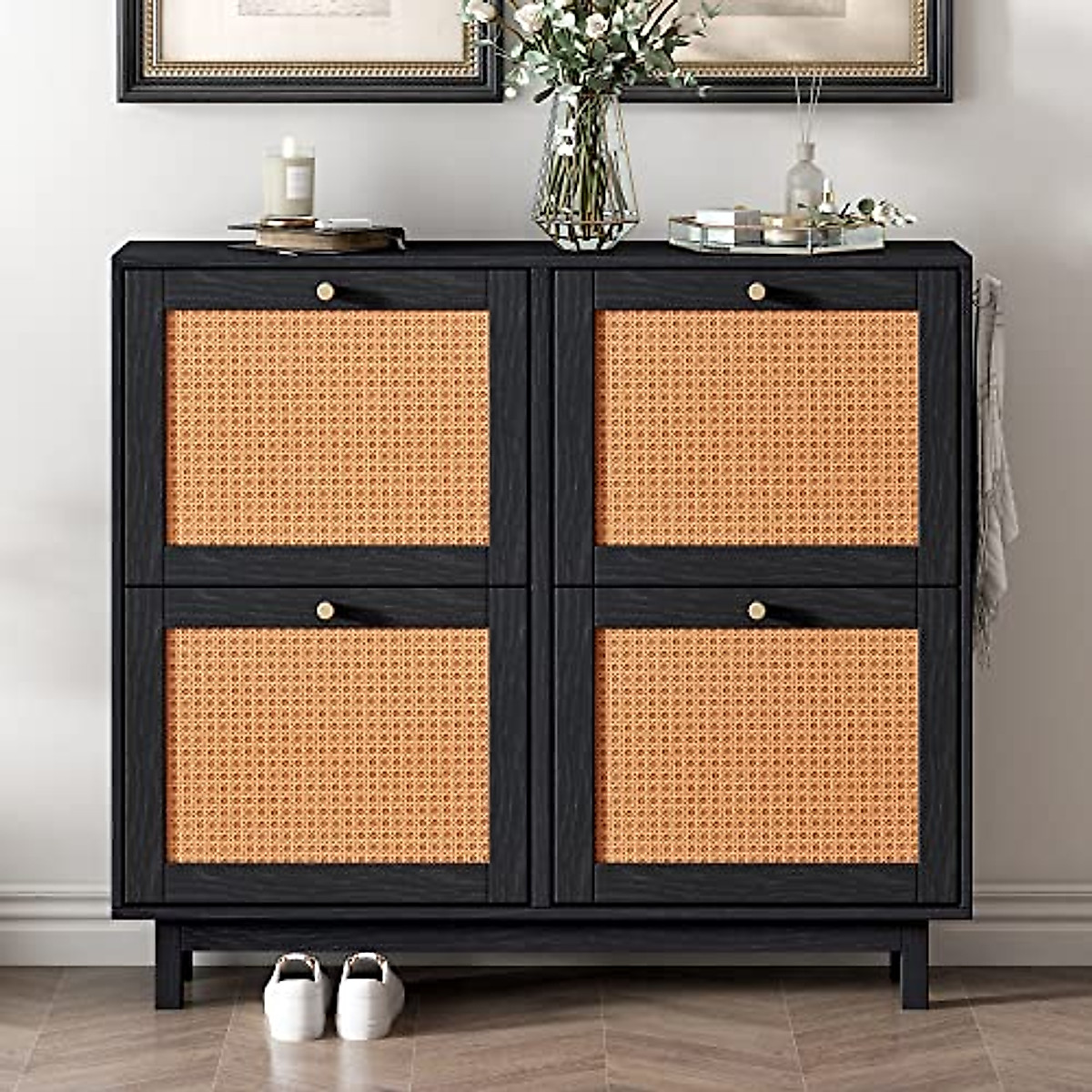 Merax Rattan Free Standing Shoe Rack with 4 Flip Drawers, Modern 2-Tier Storage Cabinet with Large Space for Entrance Hallway, Boho Style, Black