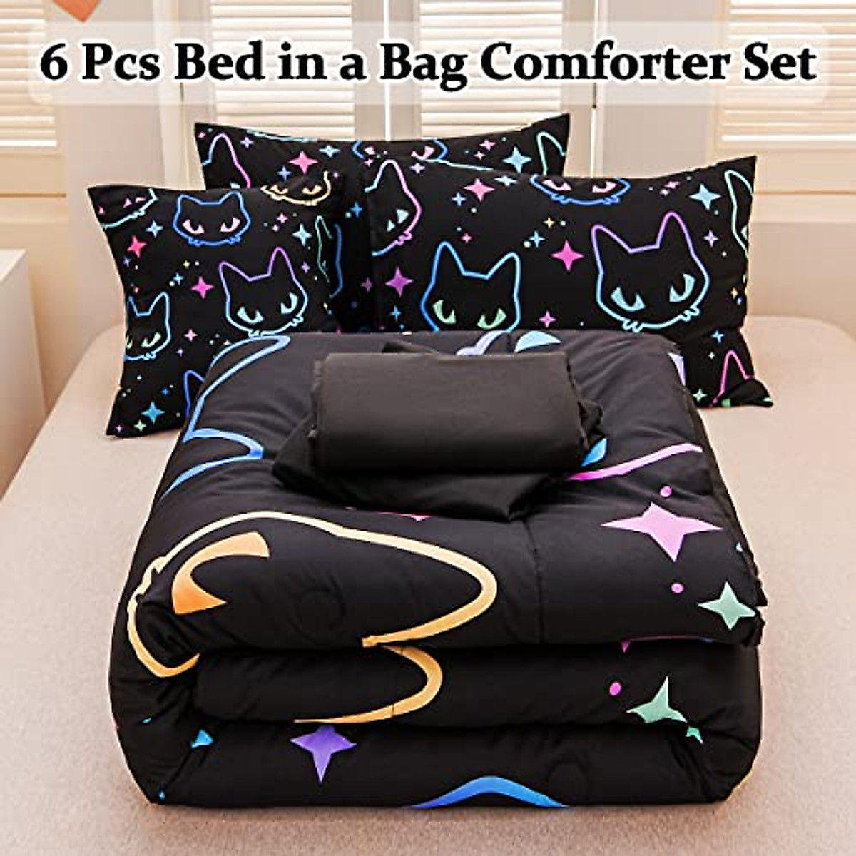Tasselily Cute Cat Twin Comforter Set for Boys Girls, Soft Warm Lightweight 6 Piece Bed in A Bag Teen Kids Bedding Sets with Sheets