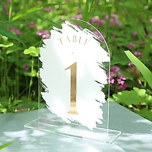 UNIQOOO White Painted Arch Wedding Table Numbers with Stands 1-20, Gold Foil Printed 5x7 Acrylic Signs and Holders, Perfect for Centerpiece, Reception, Decoration, Party, Anniversary, Event
