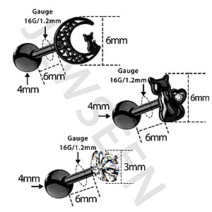 Jewseen 16g Cartilage Earring Moon Cat Conch Earring 316L Stainless Steel Helix Earring 3pcs Tragus Earrings Ghost Piercing Jewelry for Halloween Day
