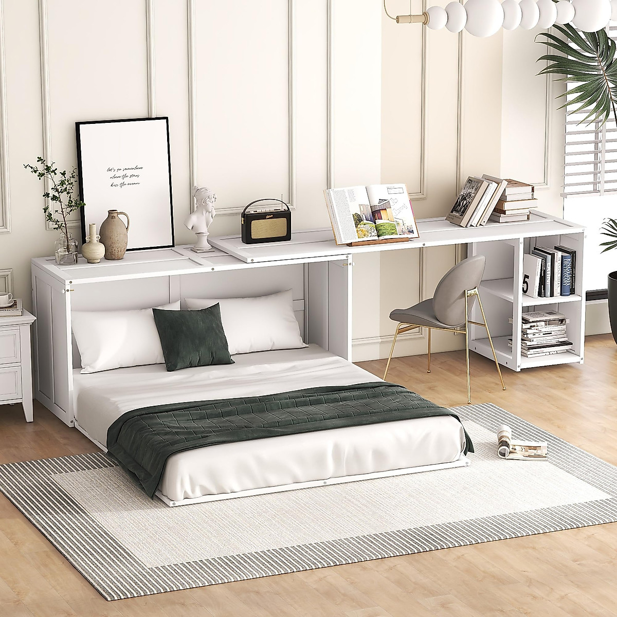 Murphy Bed with Rotable Desk,Queen Size Space-saving Platform Bed Frame with Storage Desk for Bedroom,Easy to Assembly, No Need Spring Box (White)