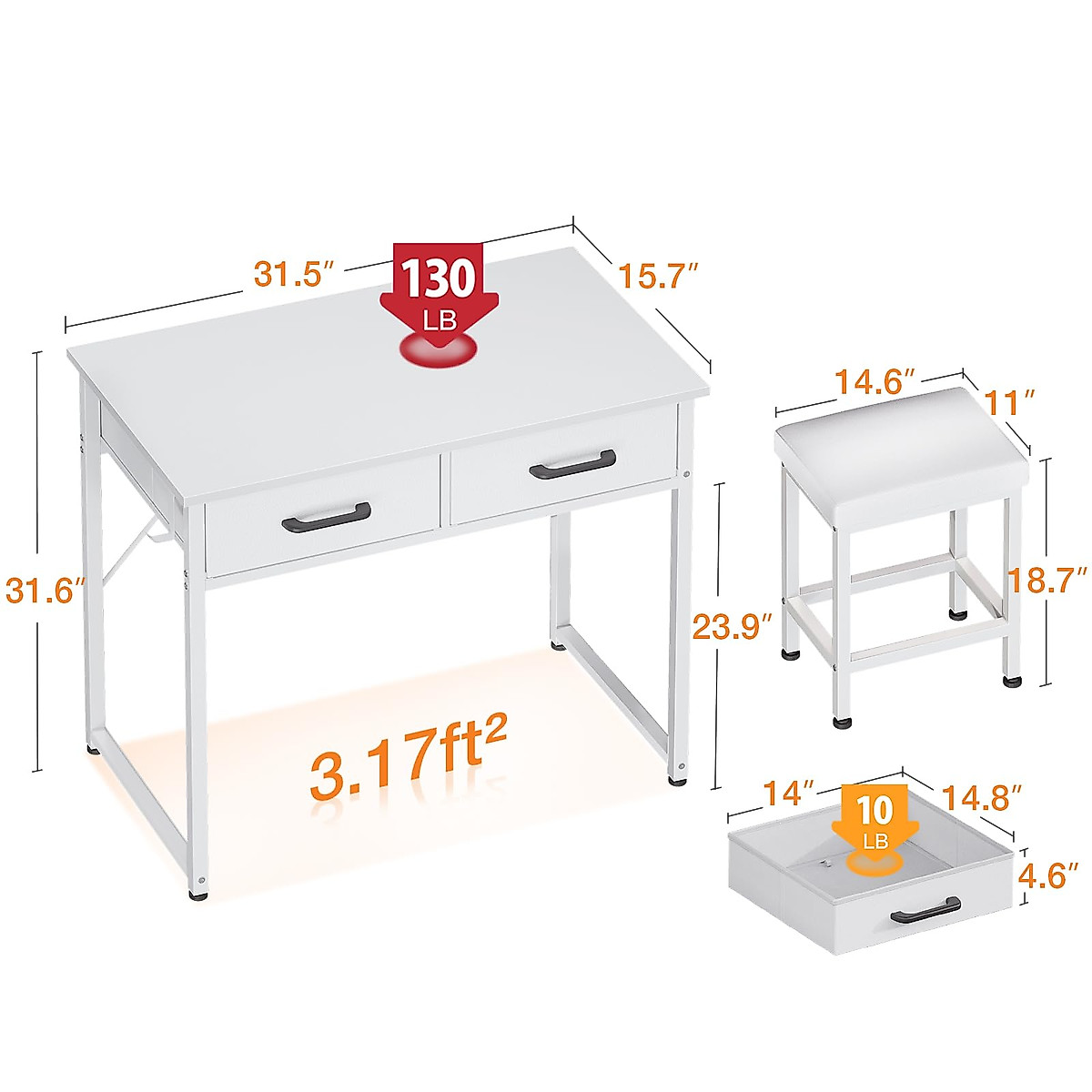 AODK Vanity Desk with 2 Fabric Drawers, 32 Inch Makeup Vanity Without Mirror, Small White Vanity Desk for Bedroom, Makeup Vanity Table with Chair, Kids Girls Vanity Set, White