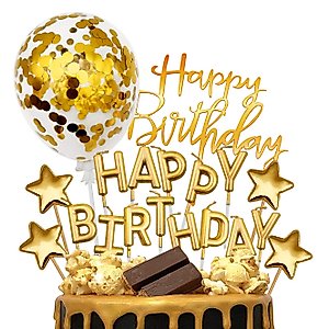 MOVINPE Gold Cake Topper Decoration with Golden Happy Birthday Candles Happy Birthday Banner Confetti Balloon Stars For Rose Gold Theme Party Decor Boy Girl Kid Men Women Birthday Party Baby Shower