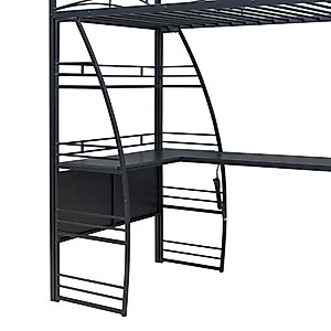 Harper & Bright Designs Metal Twin Size Loft Bed with L-Shaped Desk and Storage Shelves, Twin Loft Bed with USB Ports and Wireless Charging, High Junior Loft Bed Frame for Kids Boys Girls,Black