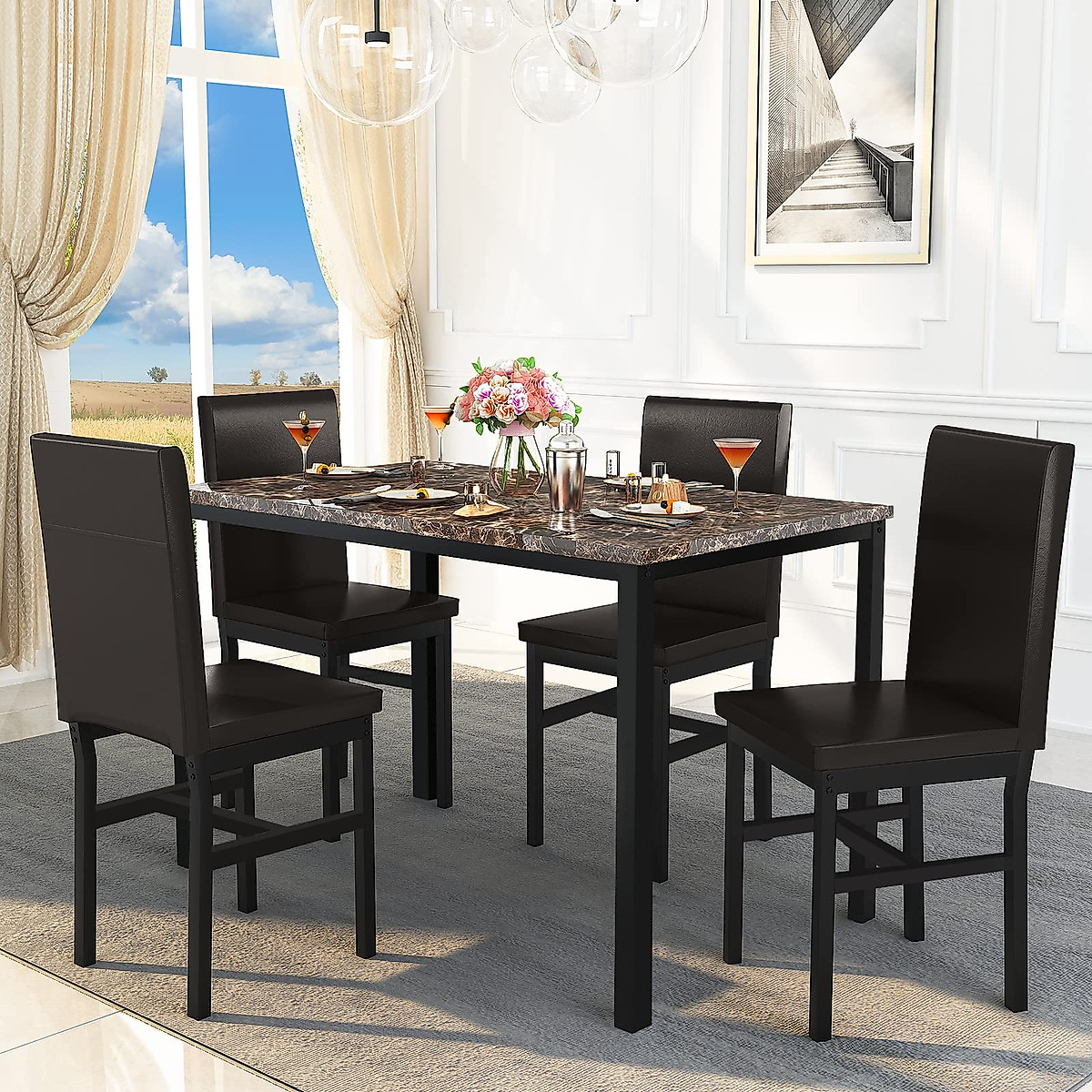 Recaceik Dining Table Set for 4, Kitchen Table and Chairs Set with Faux Marble Tabletop & 4 Leather Upholstered Chairs for Kitchen Dining Room, Compact Space, Dinette Set, Brown+Brown