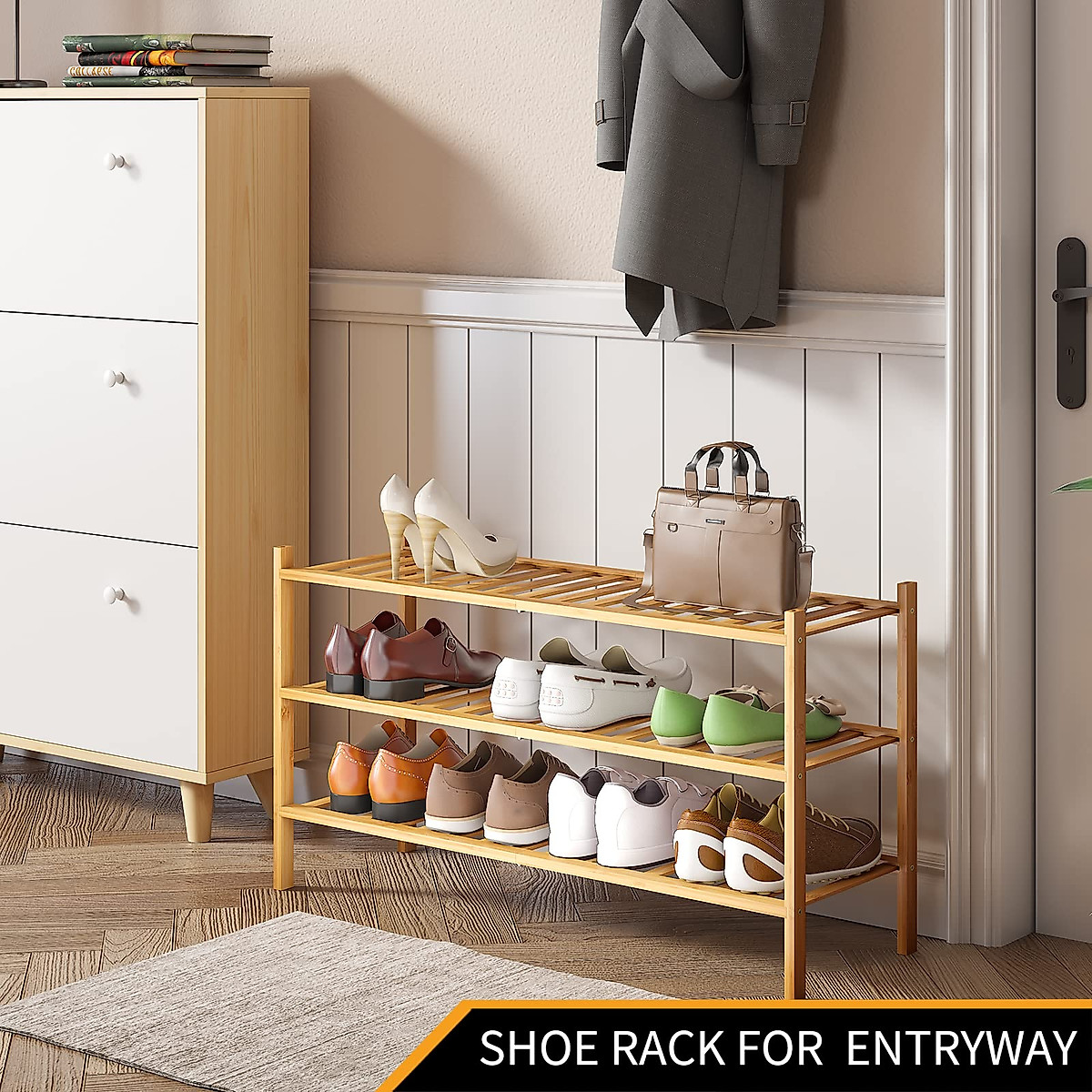 Furshus Long Shoe Rack, 3-Tier Bamboo Stackable Shoe Shelf Storage Organizer, Shoe Stand for Closet, Entryway and Hallway