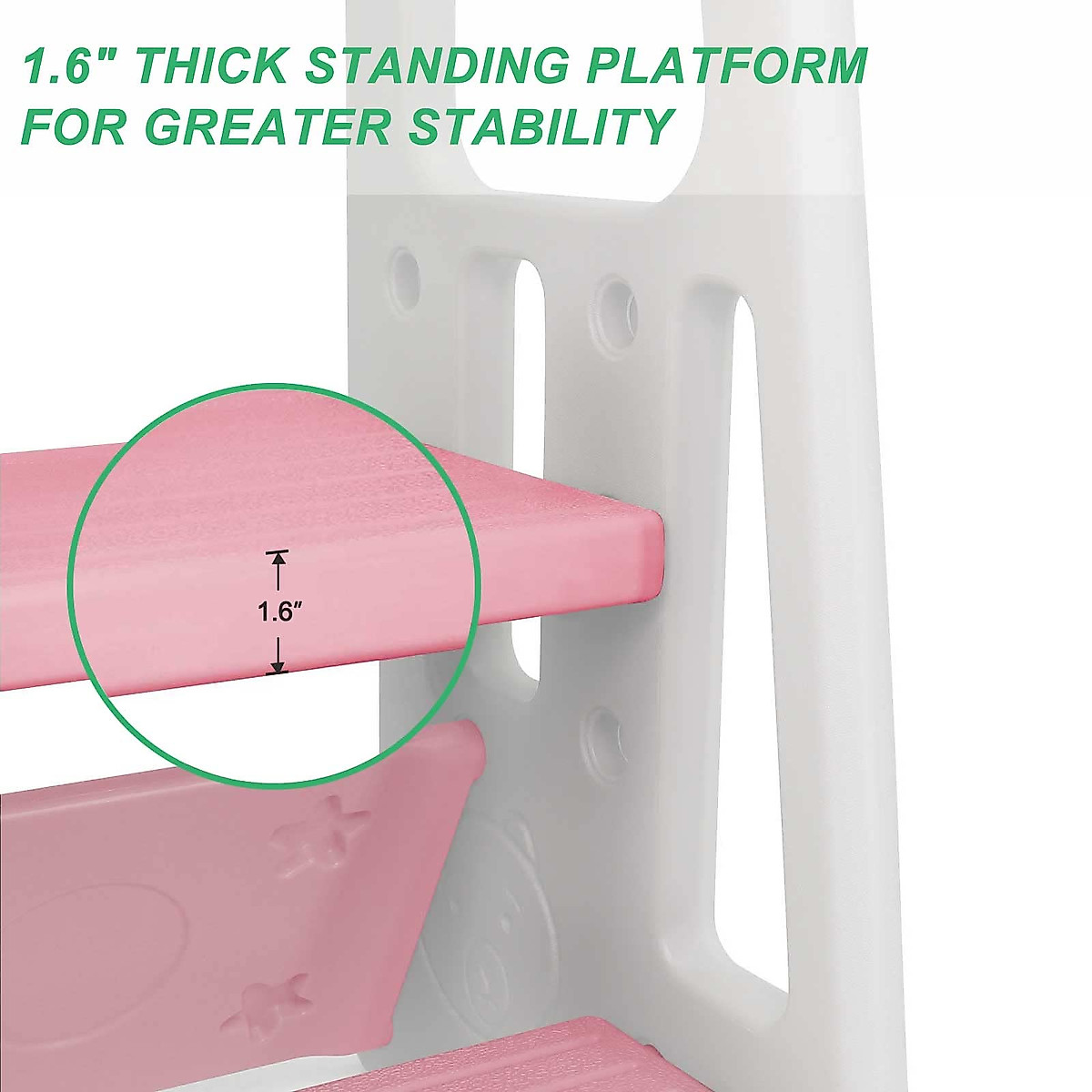 Nursery Kitchen Step Stool w/ 3 Adjustable Heights Toddler Standing Tower Kids Learning Stool w/Double Safety Rails & Non-Slip Foot Pads Cooking Stool Stand Helper Bathroom Counter Footstool (Pink)