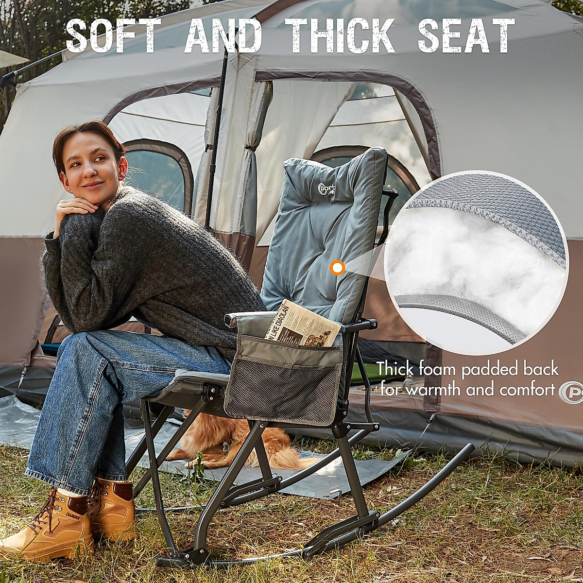 PORTAL Folding Rocking Chair Indoor & Outdoor Thick Padded Rocking Recliner Chair Portable Camping Rocker for Patio Front Porch Backyard Lawn Living Room, Supports 400 LBS, Grey