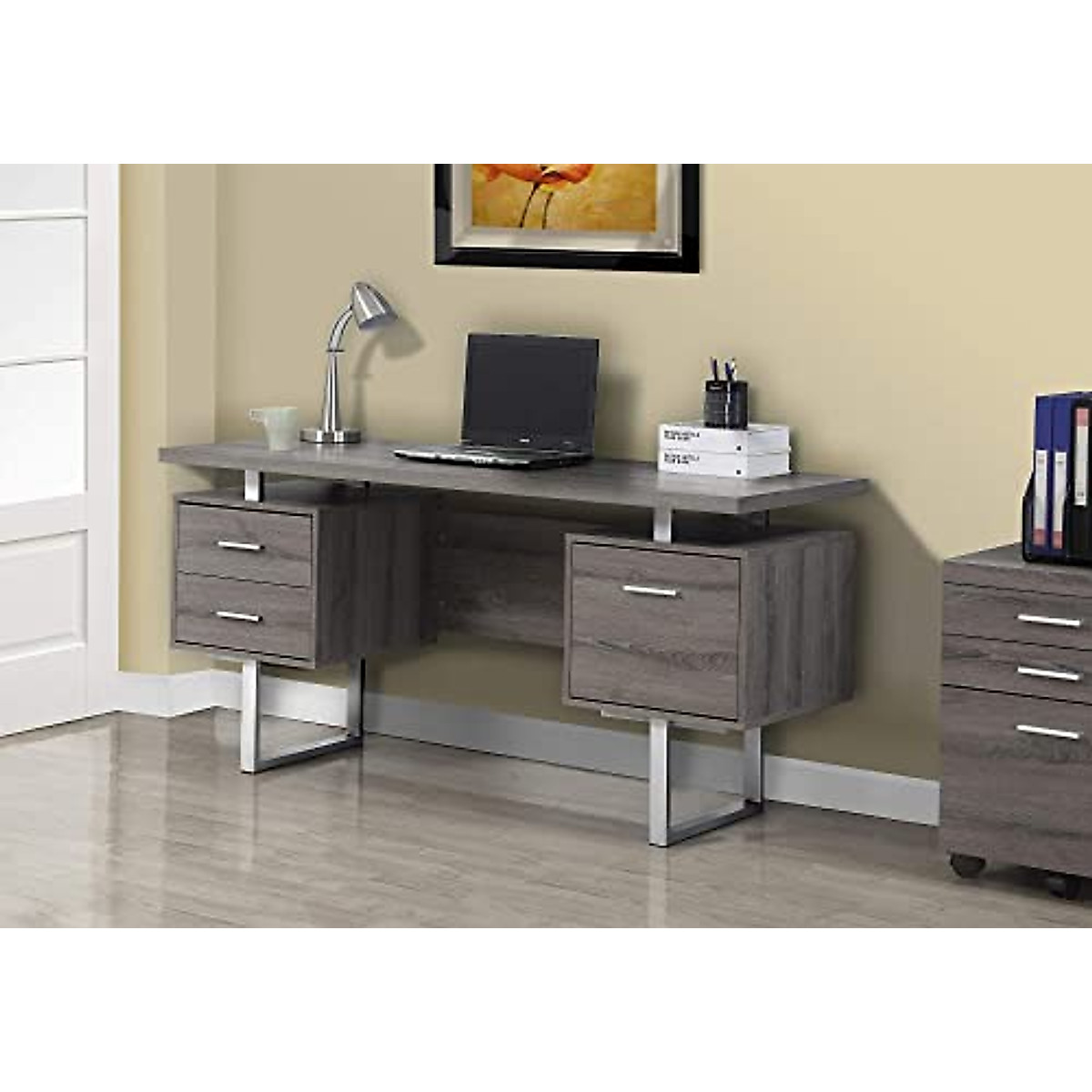 Monarch Specialties Dark Taupe Reclaimed-Look/Silver Metal Office Desk, 60-Inch