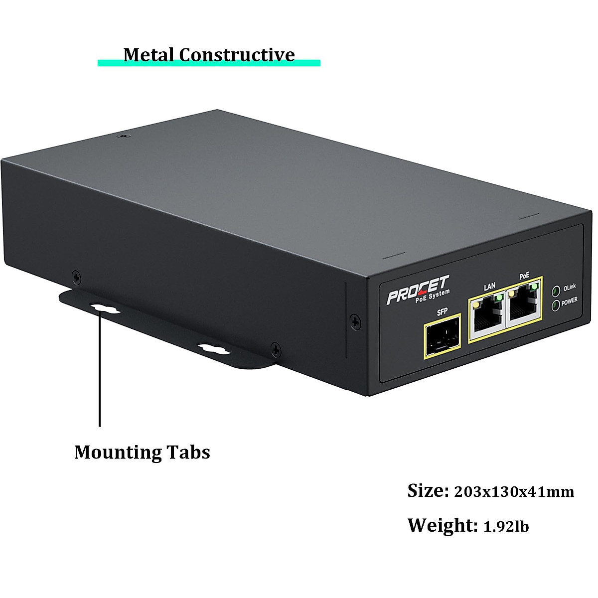 PROCET SFP Fiber PoE Injector SFP/Uplink PoE++ 95W Industrial PoE Power Supply, Gigabit IEEE802.3bt/ PoE++ Fiber Optic PoE Power Injector, Wide Temp -40℉ to 149℉, PT-PSE109GBRO-A-S