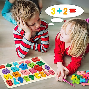 Attmu Wooden Puzzles for Toddlers, Alphabet Puzzle and Number Puzzle, 2 in 1 Preschool Educational Learning Toys with Chunky Wood ABC Puzzle Board, for Girls Boys Kindergarten Set of 2