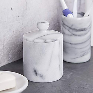 Creative Home Natural Marble Spa Collection Cotton Ball Swab Holder, Bathroom Countertop Storage Jar Container Organizer, Off-White (Color May Vary)