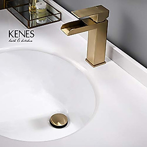 KENES Brushed Gold Pop Up Bathroom Sink Drain with Overflow, Bathroom Sink Drain Assembly with Strainer Pop Up Drain, Lavatory Vanity Vessel Sink Pop Up Drain Stopper