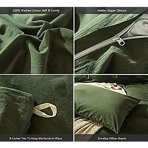 MooMee Bedding Duvet Cover Set 100% Washed Cotton Linen Like Textured Breathable Durable Soft Comfy (Olive Green, King Size)