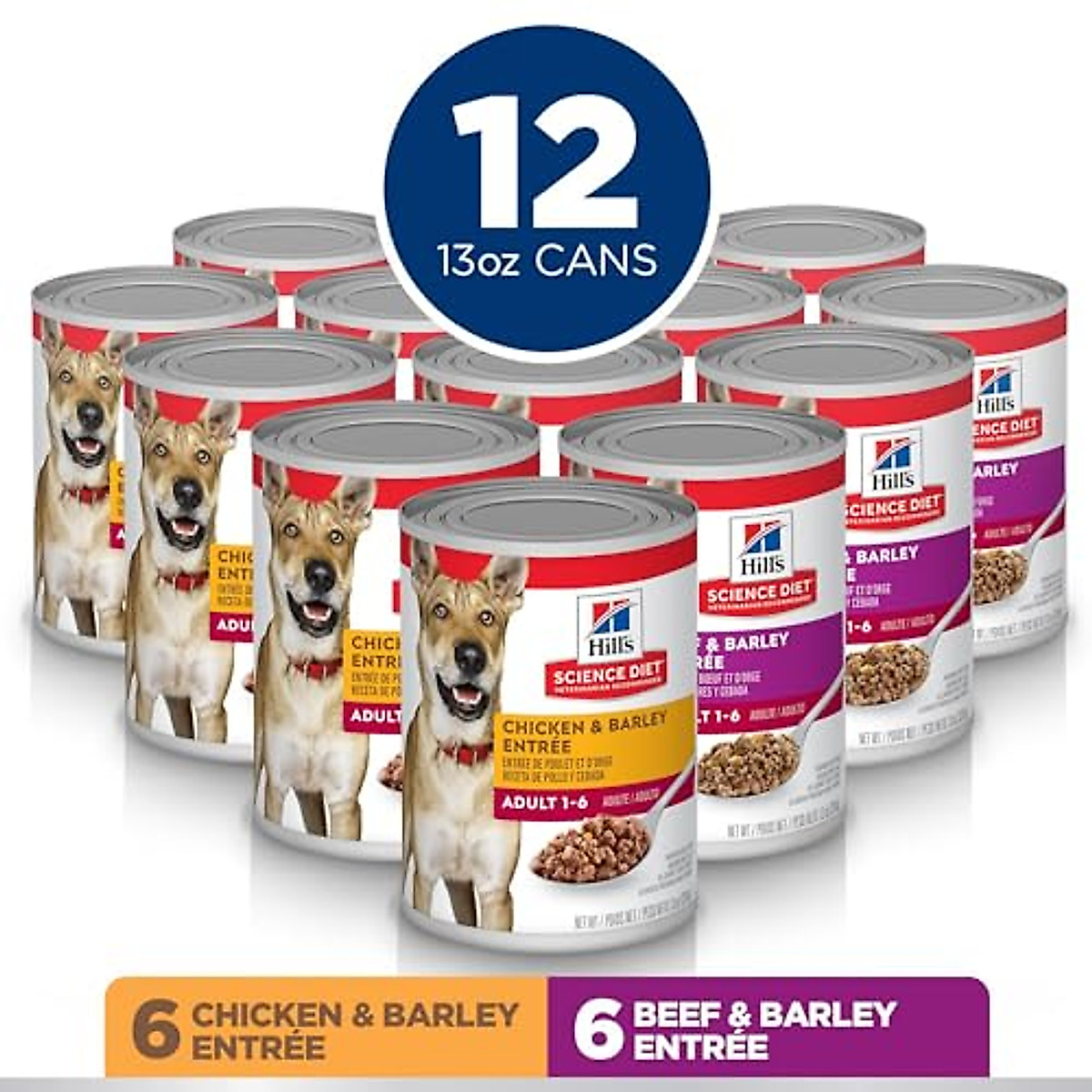 Hill's Science Diet Adult 1-6, Adult 1-6 Premium Nutrition, Wet Dog Food, Variety Case: Chicken & Barley; Beef & Barley Loaf, 13 oz Can Variety Case, Case of 12