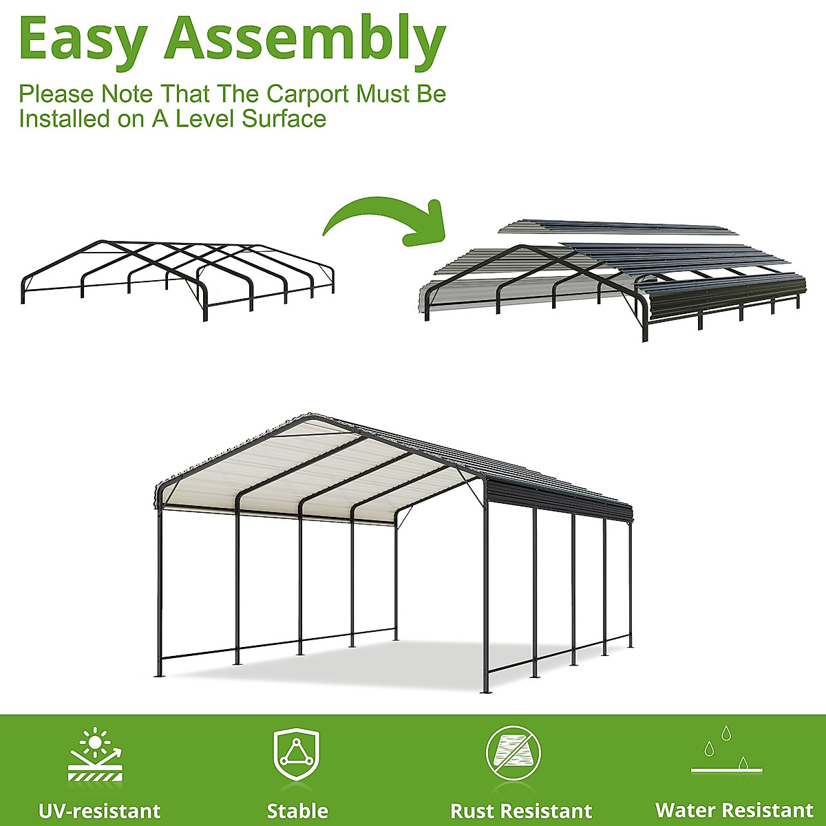 AIRWIRE 10x15 Metal Carport Carports with Enhanced Base Heavy Duty Garage Outdoor Galvanized Car Shelter for Car, Boats and Truck