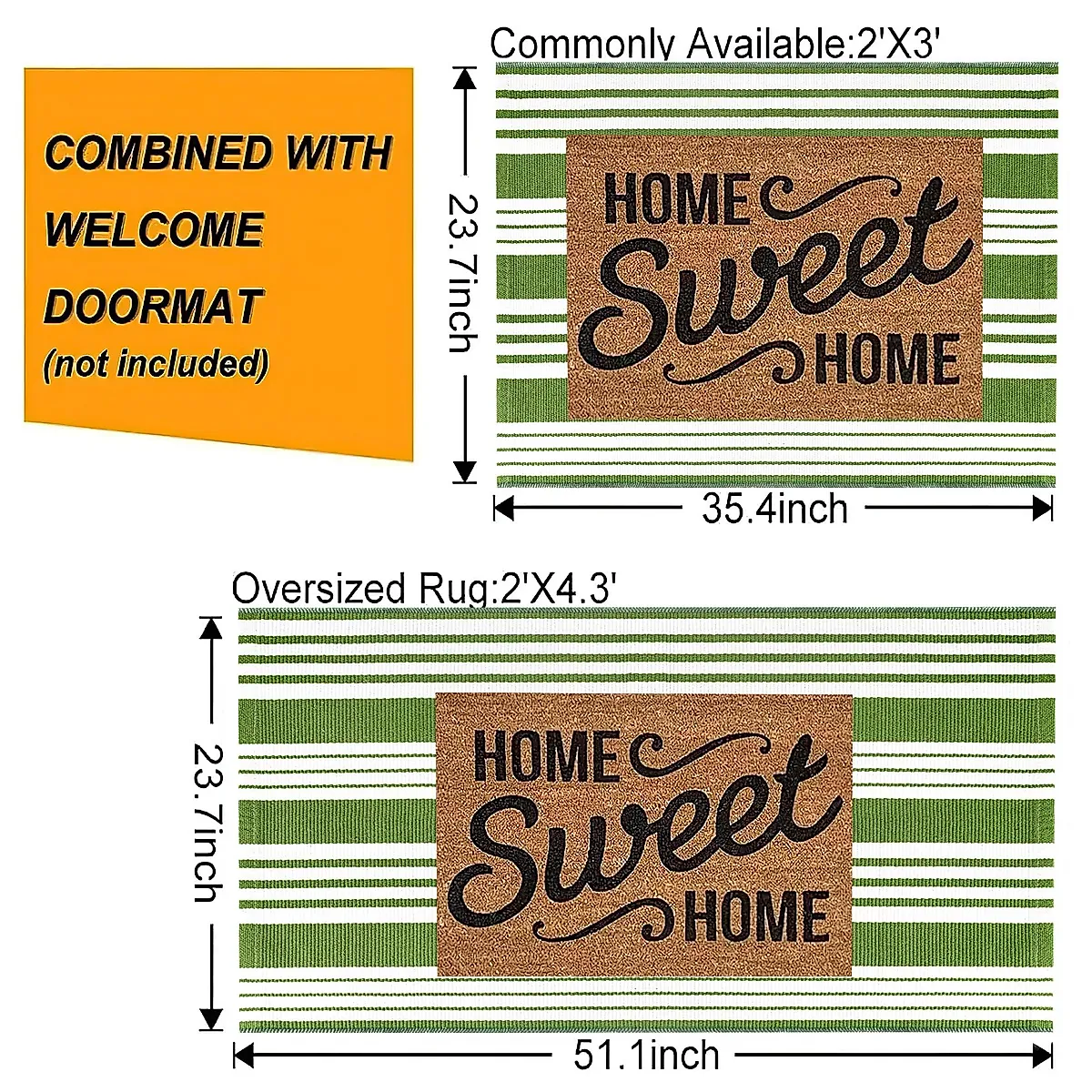 Green and White Striped Outdoor Rug 24'' x 35'' Door Mat Outdoor Machine Washable Welcome Mats Cotton Hand-Woven Entryway Rug for Front Porch/Entryway/Laundry/Bathroom/Bedroom
