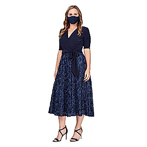 Alex Evenings Women's Tea Length Jersey and Rosette Lace Dress (Petite and Regular), Navy Tie Front, 6