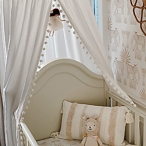 LOAOL Kids Bed Canopy with Pom Pom Cotton Canopy for Crib Baby Girl Netting Cover Canopy Crib Curtain Reading Nook Hanging Tent Nursery Play Game Castle House Decoration (White Pompom)