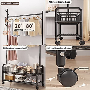 OTBK Rolling Metal Coat Rack Two Shelves Clothing Hooks Garment Rack Organizer with Wheels Bottom Shelves for Clothes Hats Bags (Color : Black)