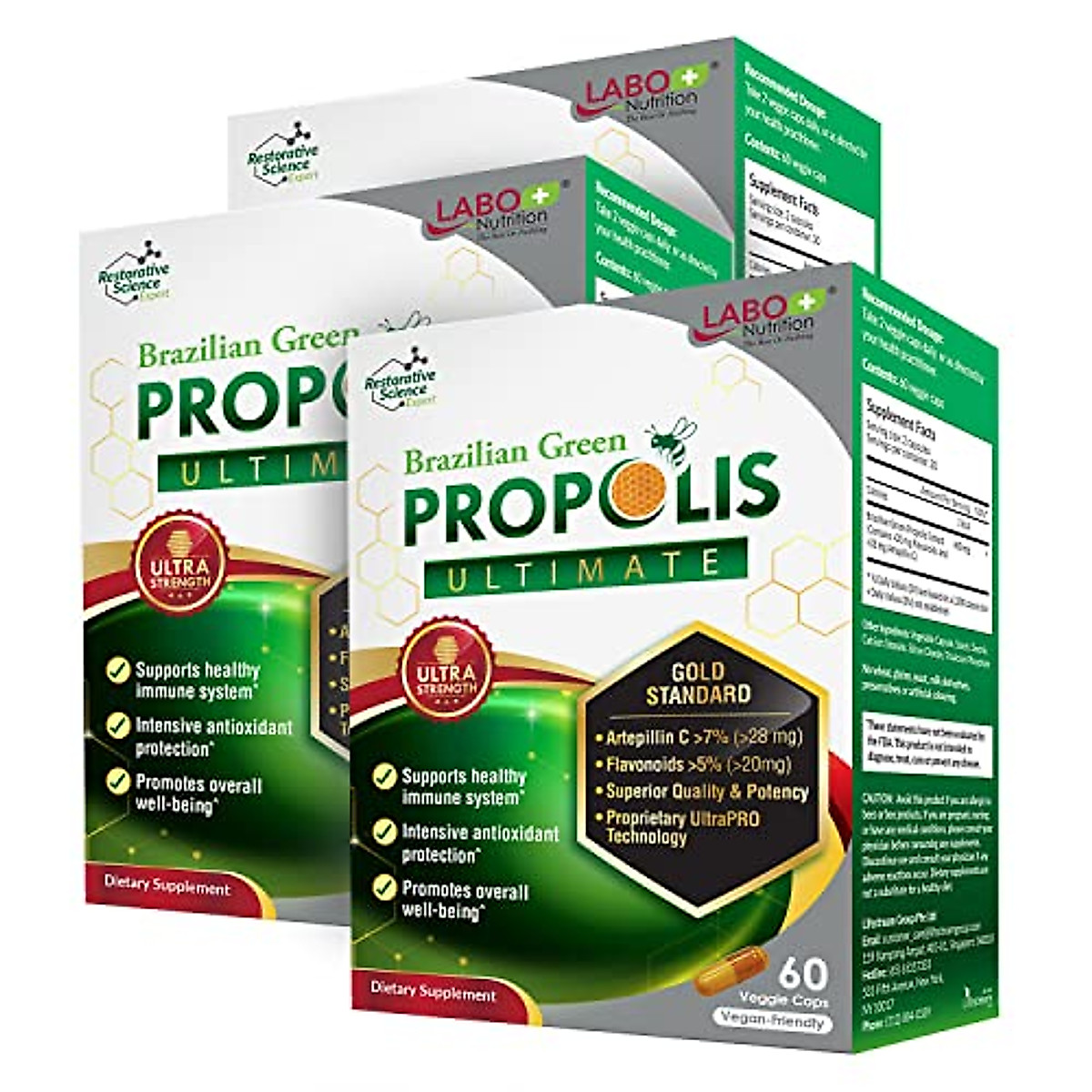 LABO Nutrition Brazilian Green Propolis Ultimate - Contains >7% or 28mg/Serving Artepillin C & >5% Flavonoids, for Immune & Brain Support, Natural, High Concentrate & Premium, 60 Veg Capsulesx3