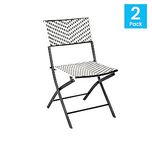 EMMA + OLIVER Ciel Two Piece Folding Bistro Chairs - Black and White PE Rattan - Black Metal Frames - Indoor/Outdoor Use