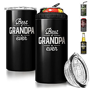 SANDJEST 4-in-1 Grandpa Tumbler Gifts for Papa from Grandkids - 12oz Best Grandpa Ever Can Cooler Tumblers Cup - Stainless Steel Insulated Cans Coozie Christmas, Birthday, Father's Day Gift for Papas