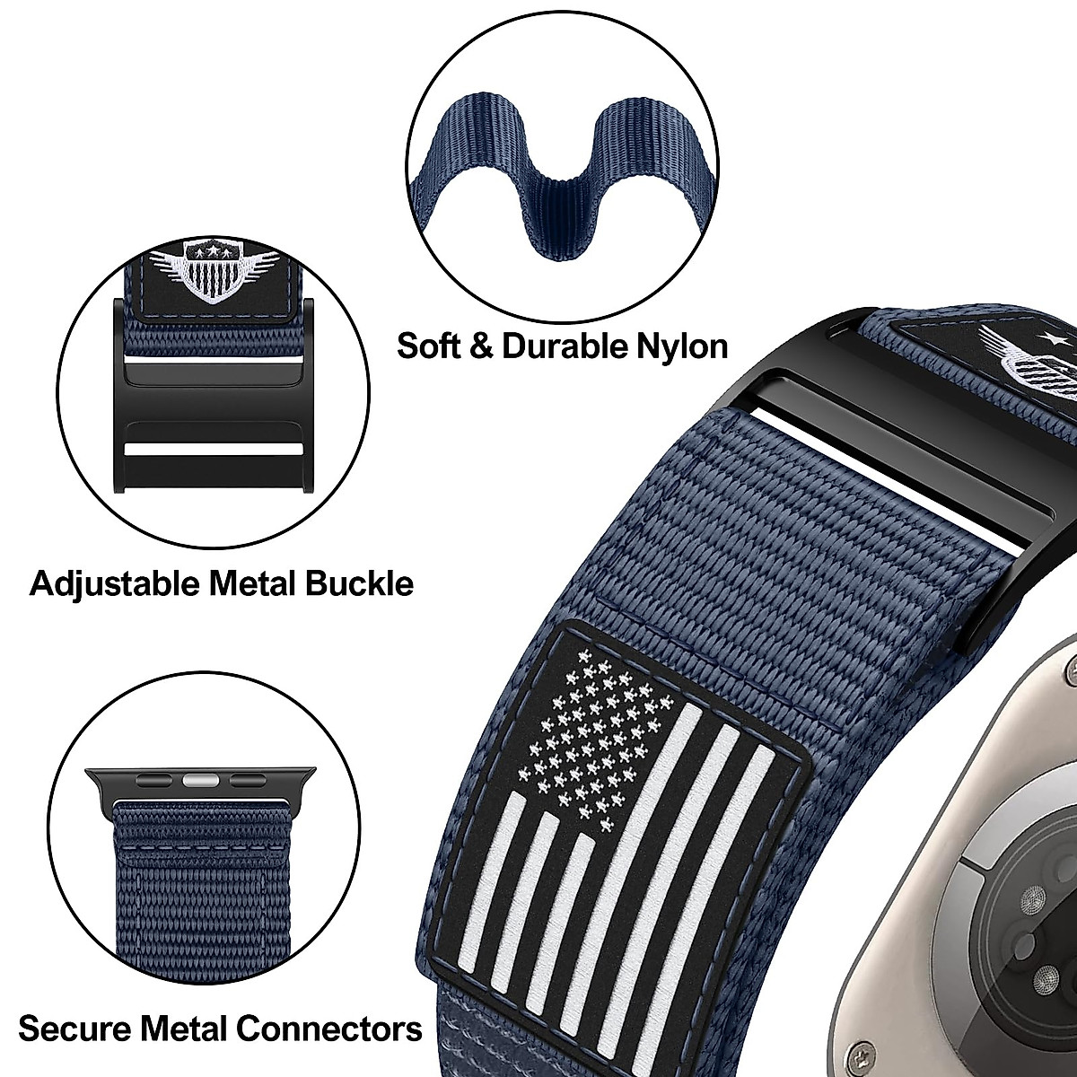 Rugged Nylon Band for Apple Watch Ultra Band 49mm 45mm 44mm 42mm,Soft Sport Loop Adjustable Wristbands Replacement Strap for Apple Watch Band iWatch Ultra Series 9/8/7/SE/6/5/4/3/2/1,USA Flag light blue