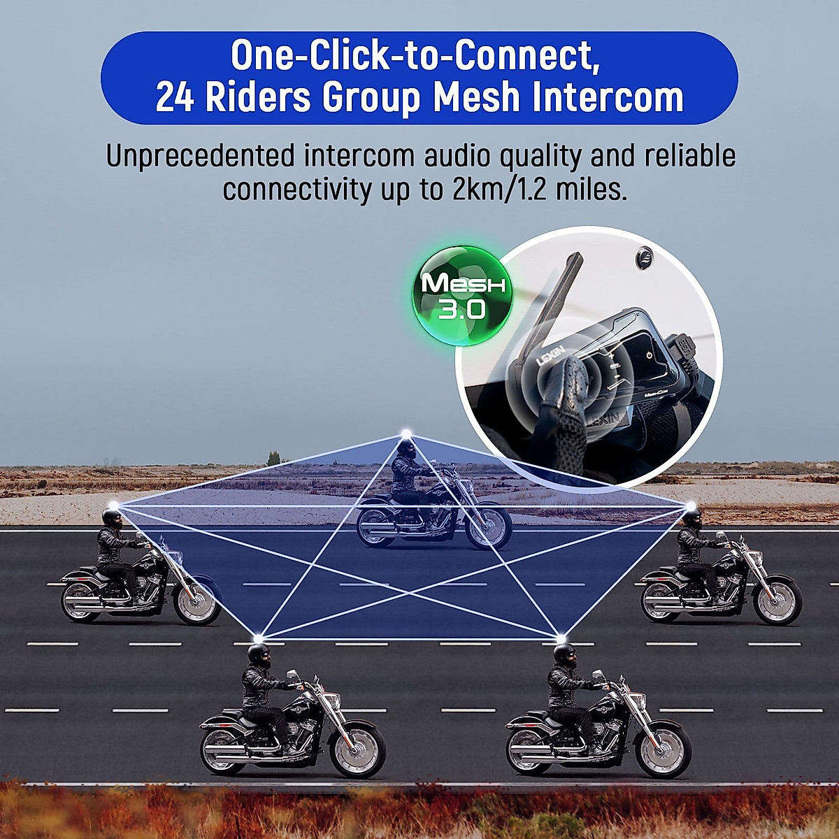 LEXIN MeshCom Motorcycle Bluetooth Headset, Mesh Group Helmet Communication System, Support Audio Multitasking/Music Sharing/Loud Speakers/IP67 Waterproof/Voice Assistant/FM Radio, Dual Pack