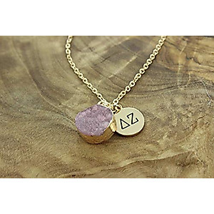 Sorority Shop DZ Necklace - Delta Zeta Pink Druzy Gemstone Necklace With Engraved Pendant – 14K Gold Dipped Jewelry with Pink Gemstone – Sorority Gift, Charm Paraphernalia