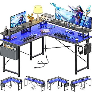 armocity L Shaped Computer Desk with Power Outlets, Gaming Desk L Shaped with LED Lights, Corner Desk with Storage Shelves, Work Study Desk for Bedroom, Home Office Small Spaces, 47'', Grey