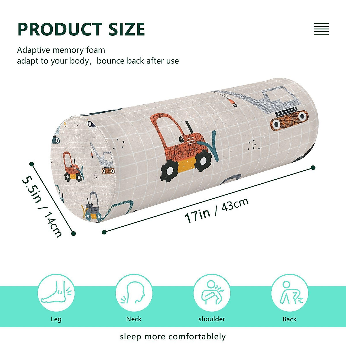 xigua Cute Truck Excavator Neck Roll Pillow for Neck Relief with Removable Washable Cover - Memory Foam Round Cylinder Bolster, Ergonomically Designed for Head, Neck, Back, and Legs