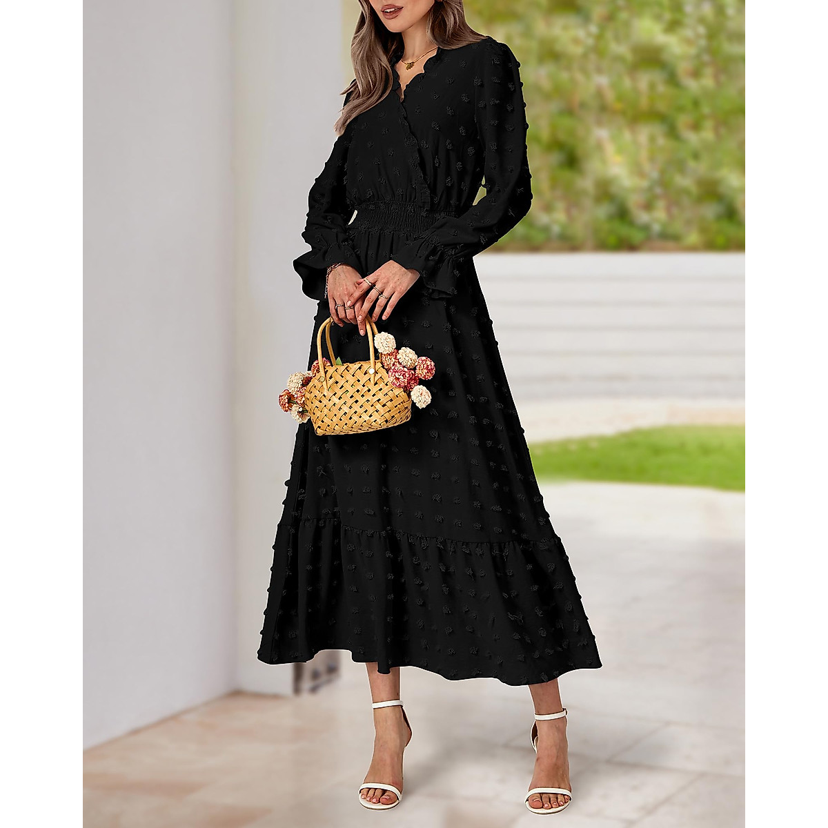 BTFBM Women Fall Dresses 2025 Long Sleeve V Neck Swiss Dots Maxi Dress Boho Long Dress High Waisted A-Line Ruffle Dress(Solid Black,Large)